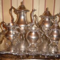 7 pc tea coffee server set Silver on copper (Crown BSC) antique ...